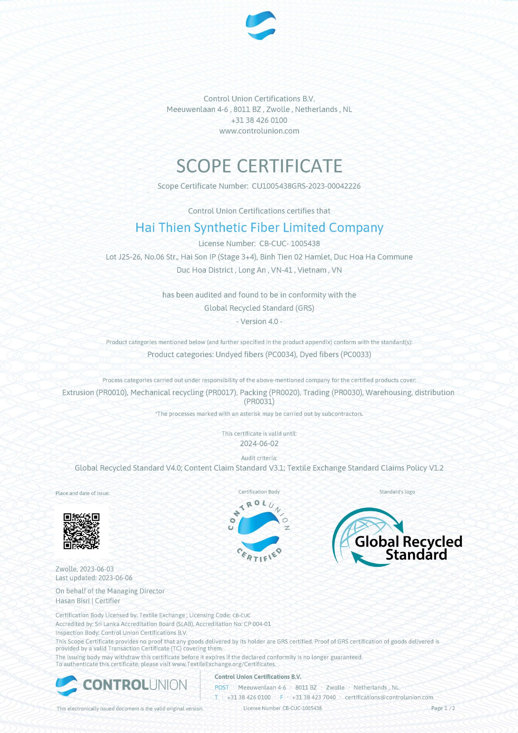 Certificate – Hai Thien Synthetic Fiber